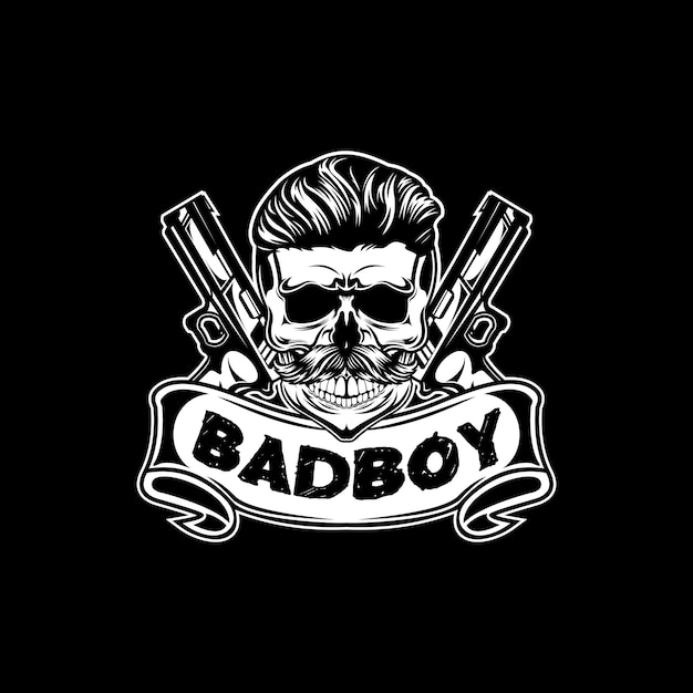 Edgy Skull with Crossed Pistols and Badboy Banner | Jiffy Designs