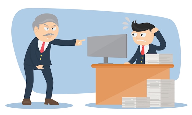 Angry Boss Scolding Stressed Employee at Cluttered Desk | Jiffy Designs