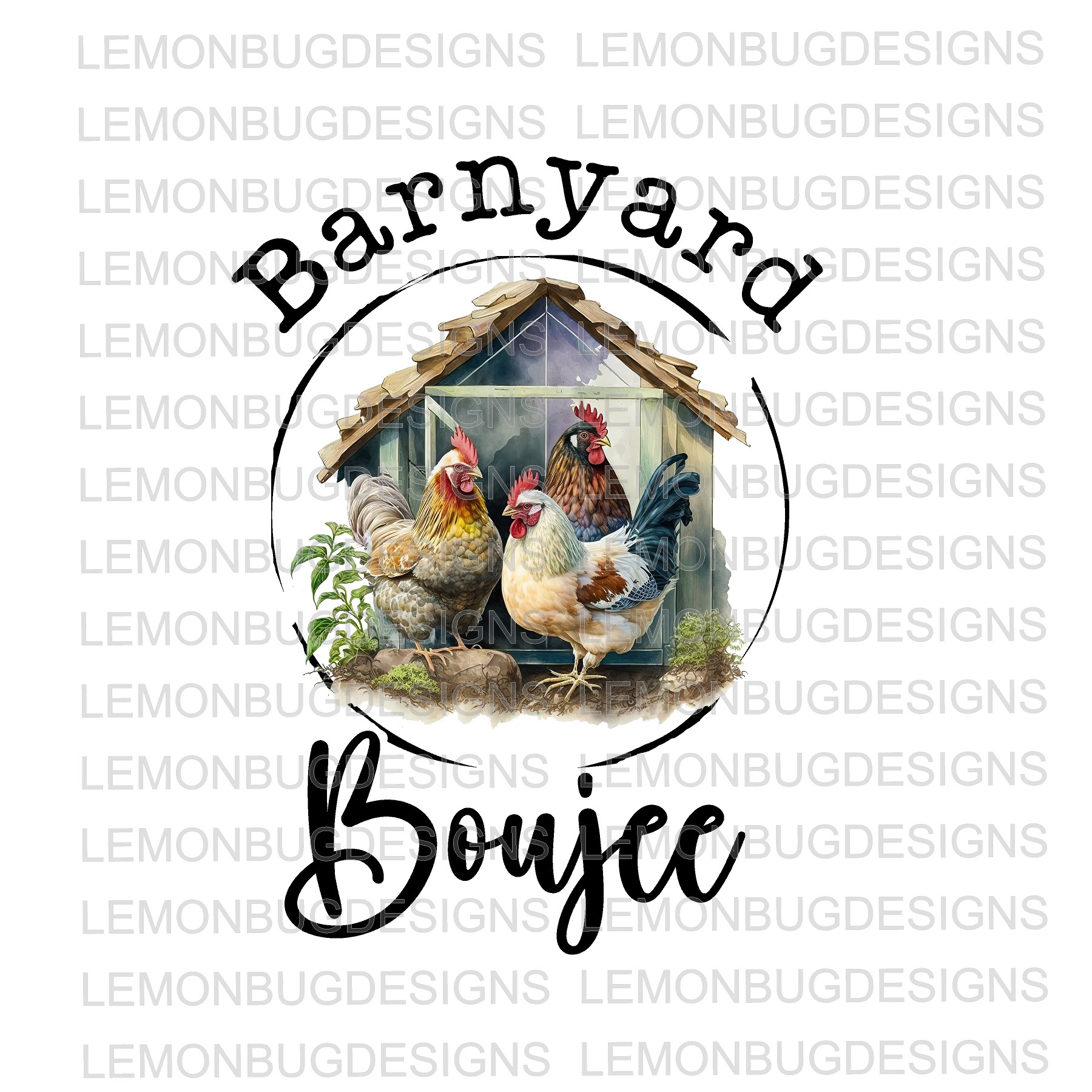 'Barnyard Boujee' Charming Rustic Illustration with Chickens in a Coop ...