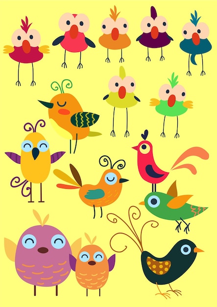 Vibrant Flock of Whimsical Cartoon Birds on Sunny Yellow | Jiffy Designs