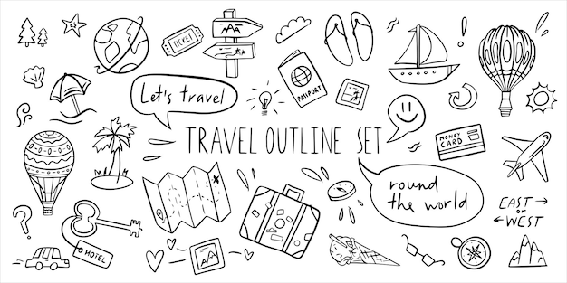 Whimsical Travel Themed Doodle Collection with Diverse Iconography ...