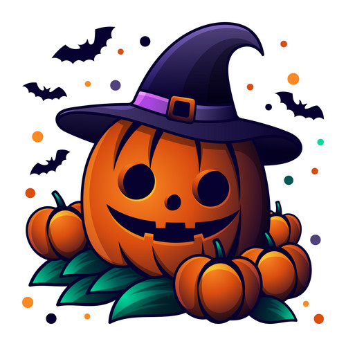 Cute Happy Halloween Clipart Or Badge. Flying Bat With Pumpkin Wearing ...