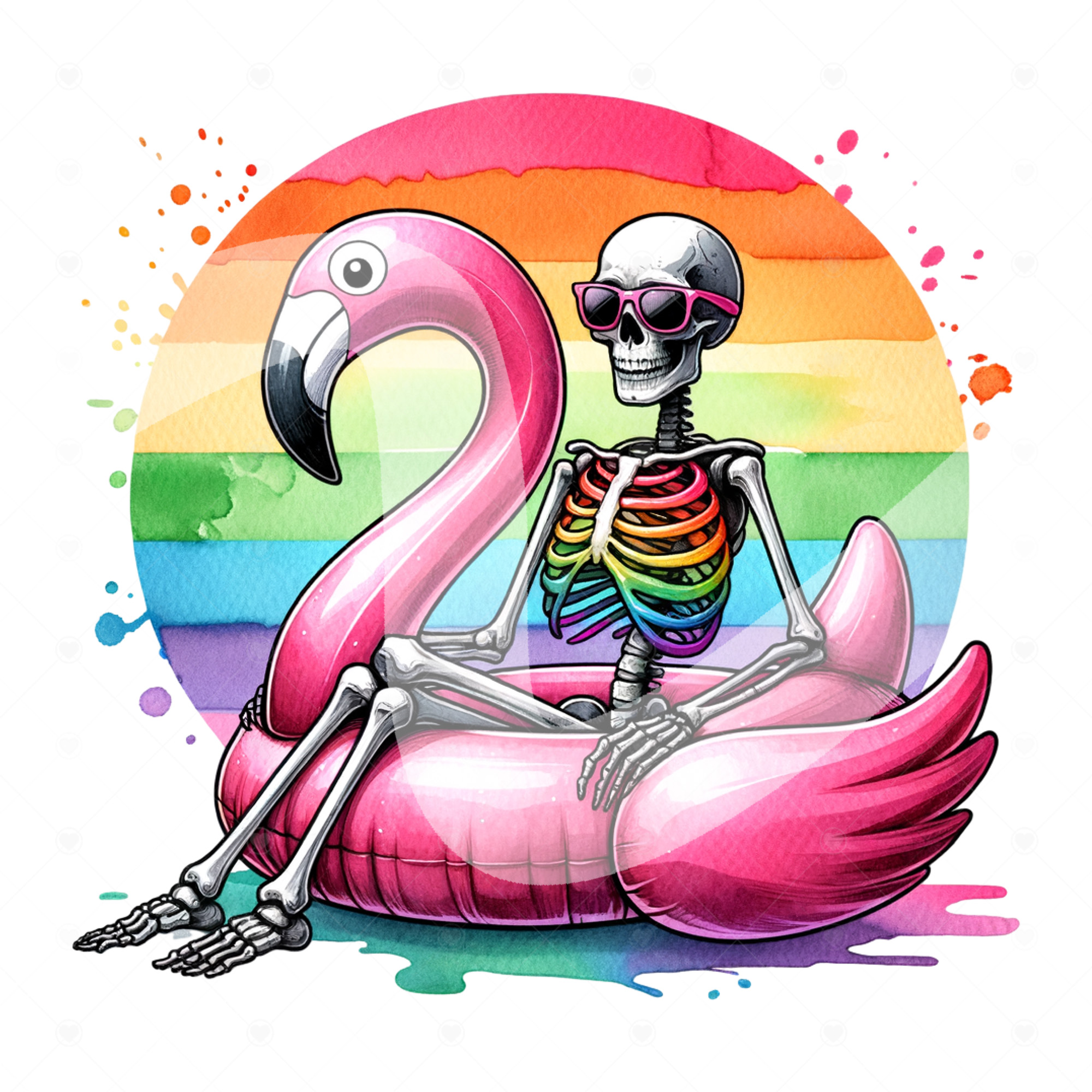 Skeleton on Pink Flamingo Float Against Rainbow Sunset | Jiffy Designs
