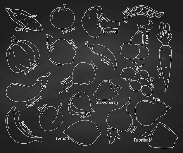 Chalkboard Illustration of Assorted Fruits and Vegetables Outlines ...