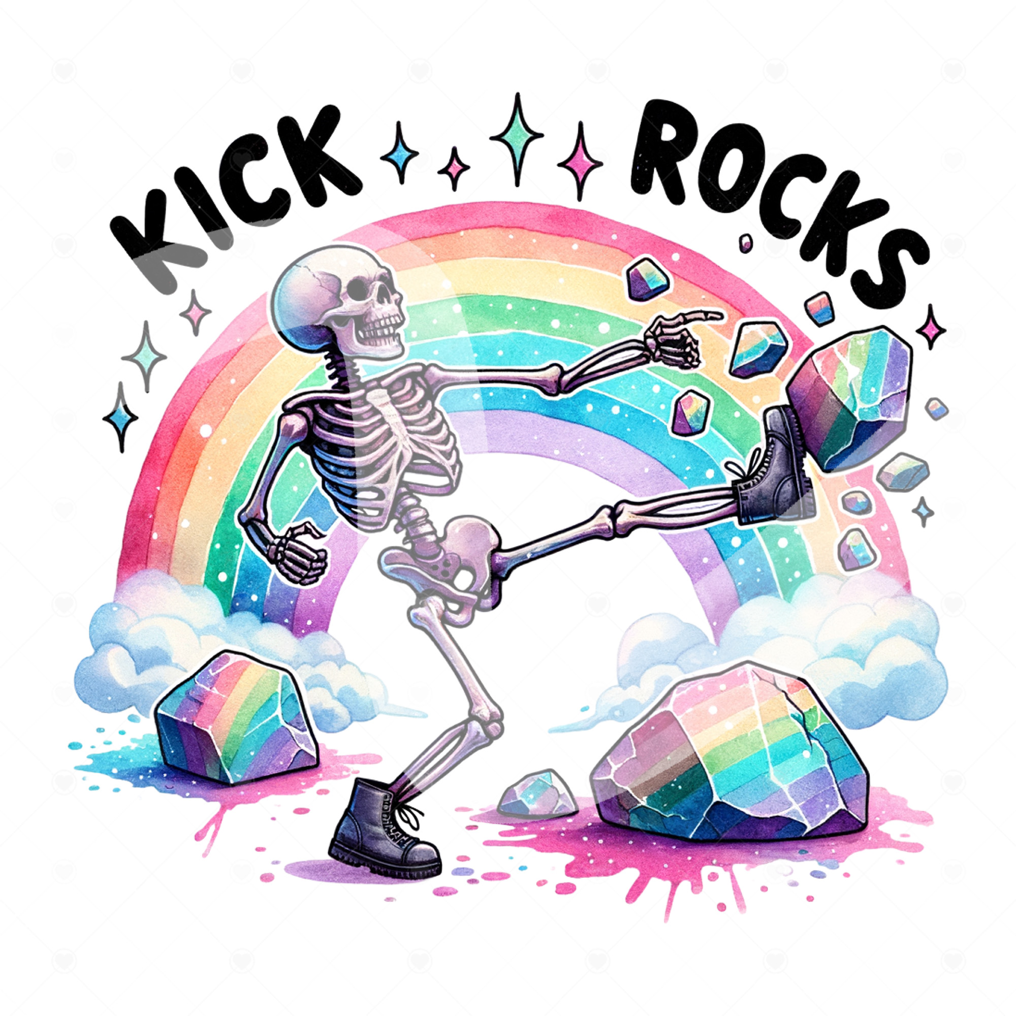 'Kick Rocks' Skeleton Kicking Rainbow-Colored Rocks with Vibrant ...