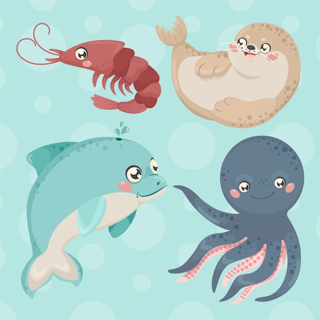 Charming Underwater Creatures: Shrimp, Seal, Shark, and Octopus | Jiffy ...