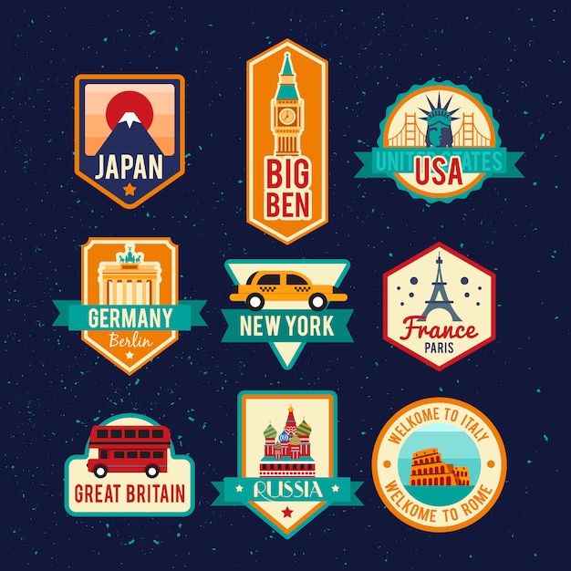 Vibrant Travel Badges Showcasing Global Destinations and Landmarks ...