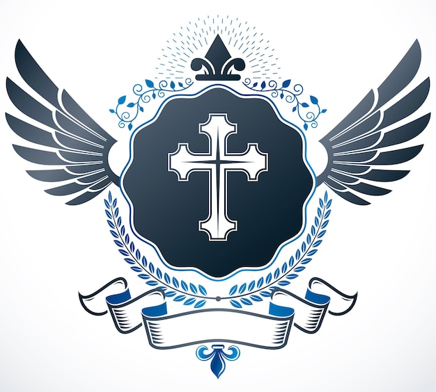 Majestic Winged Crest with Ornate Christian Cross | Jiffy Designs