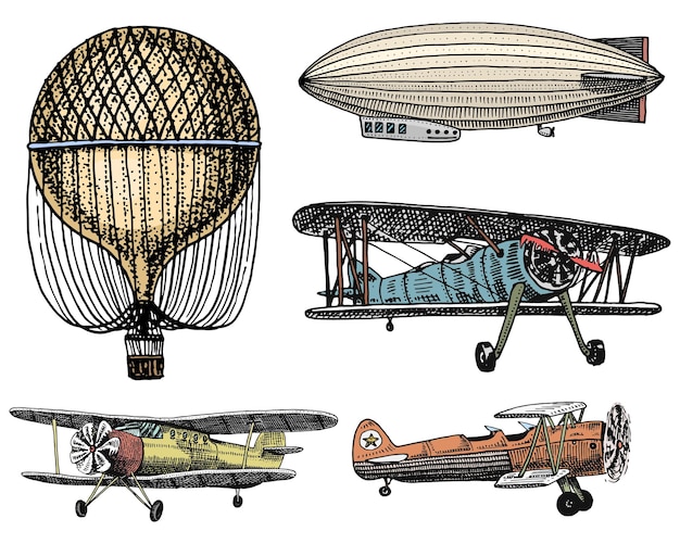 Captivating Collection of Vintage Airship and Biplane Illustrations ...