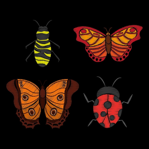 Vibrant Collection of Stylized Insect Illustrations on Black Background ...