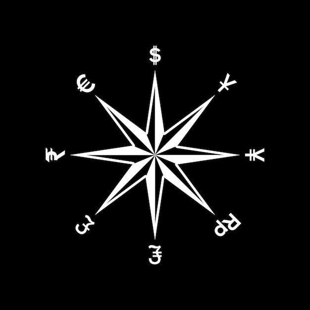 Minimalist Compass Rose with Currency Symbols on Black | Jiffy Designs