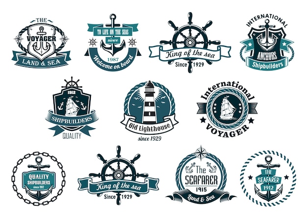 Vintage Maritime Emblems with Anchors, Lighthouses, and Nautical Motifs ...