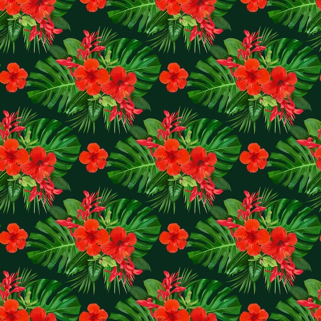 Vibrant tropical floral pattern with red hibiscus flowers | Jiffy Designs