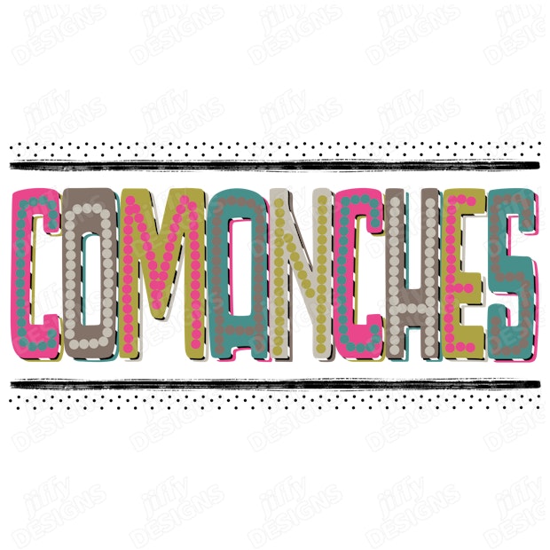 'Comanches' Colorful Patchwork Typography with Polka Dot Border | Jiffy ...