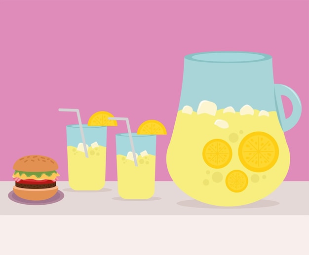 Refreshing Lemonade and Burger Delight on Pink Background | Jiffy Designs