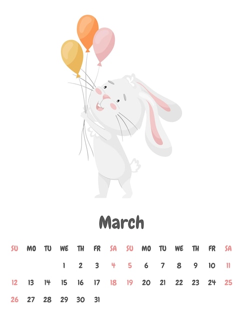 Whimsical Bunny Holding Balloons March Calendar Illustration | Jiffy ...
