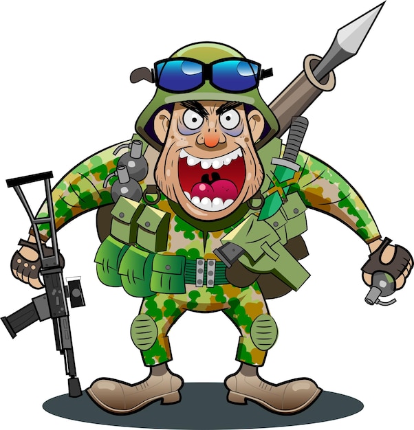 Goofy Cartoon Soldier with Weapons and Gear | Jiffy Designs
