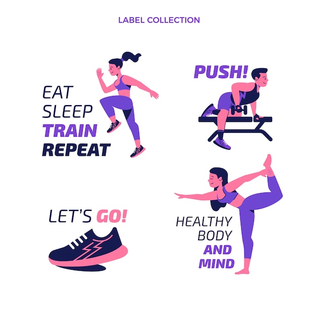 Motivational Label Collection Featuring Diverse Fitness Illustrations ...