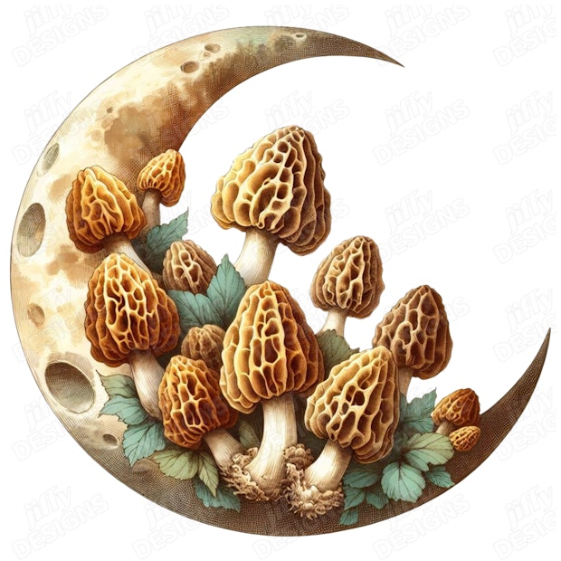 Crescent Moon Adorned with Morel Mushrooms and Jade Beads | Jiffy Designs