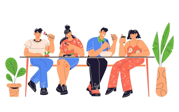People men and women sitting at table and dining cartoon flat vector ...