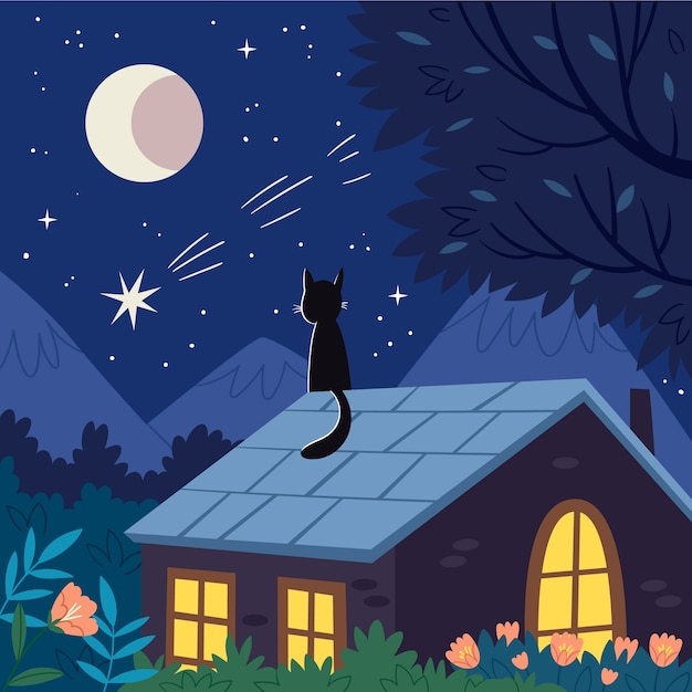 Serene Moonlit Night: A Cozy Cottage and Curious Cat | Jiffy Designs