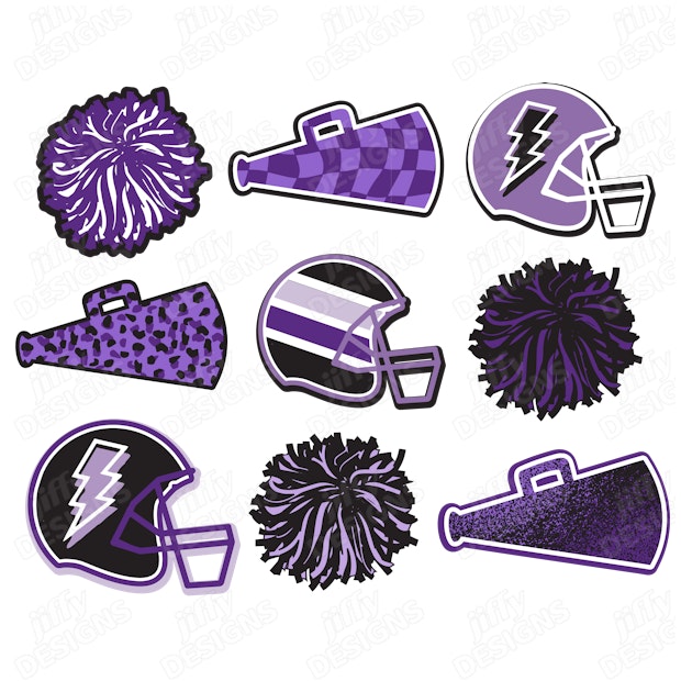 Purple Spirit Ensemble: Vibrant Cheerleading Icons in Stylized Cartoon ...