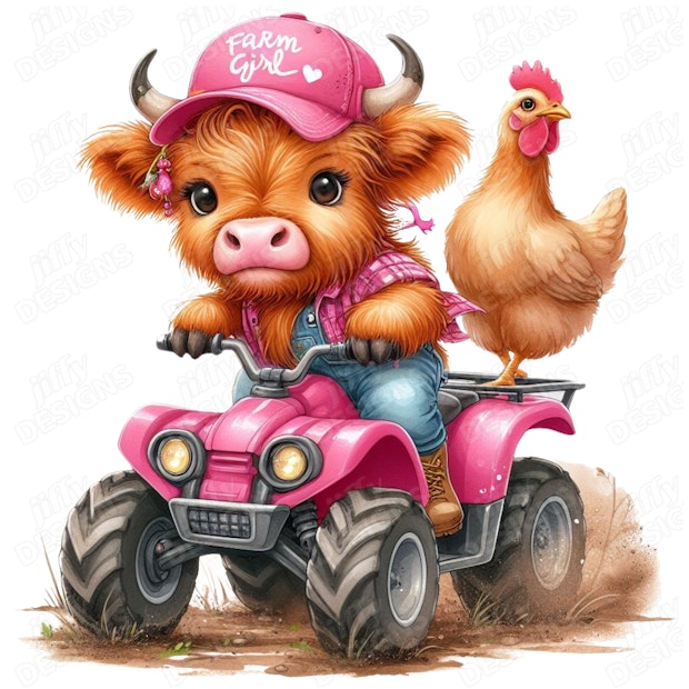 Highland Cow and Chicken on Pink ATV Adorable Cartoon Animal Adventure ...