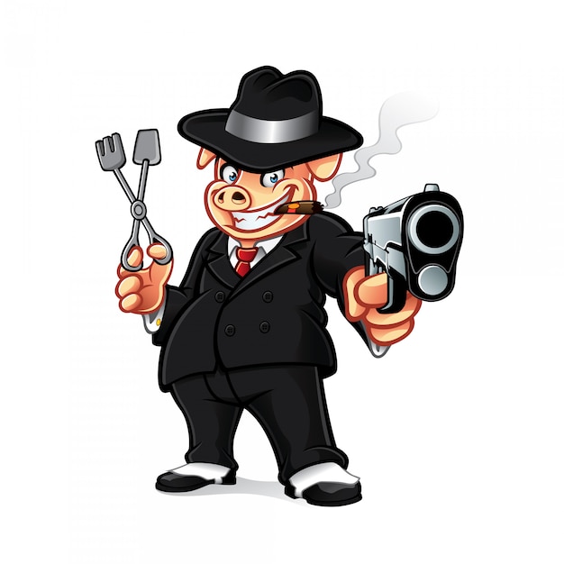 Cartoon Mobster Character with Gun and Utensils Illustration | Jiffy ...