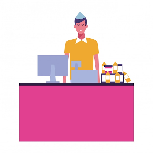 Illustration of a Cashier at a Supermarket Checkout Counter | Jiffy Designs