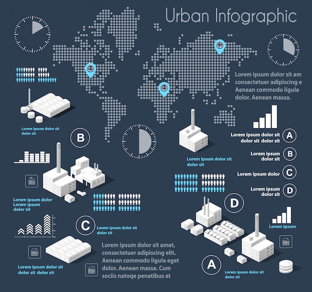 Isometric Urban Infographic with Data Visualizations and World Map ...