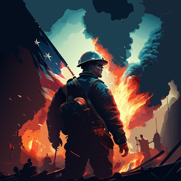 Heroic Soldier Stands Amidst Fiery Battlefield | Jiffy Designs