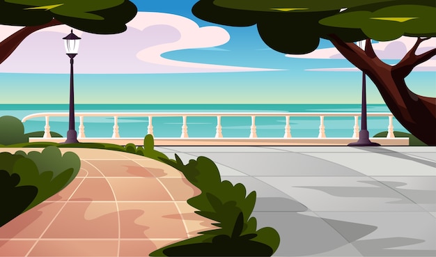 Serene Coastal Promenade with Lush Greenery | Jiffy Designs