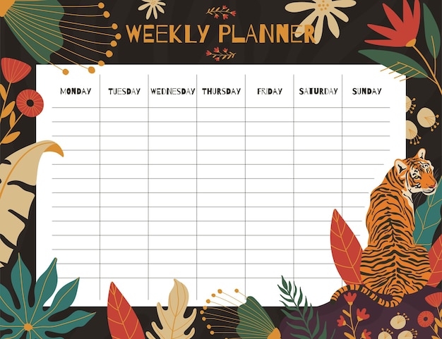 Vibrant Jungle-Themed Weekly Planner with Tiger and Foliage | Jiffy Designs