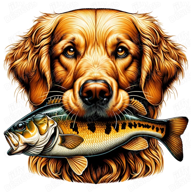 Golden Retriever Holding Fish Striking Photorealistic Animal Portrait ...