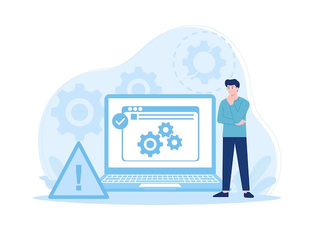 Laptop with Gears and Warning Sign, Man Observing | Jiffy Designs