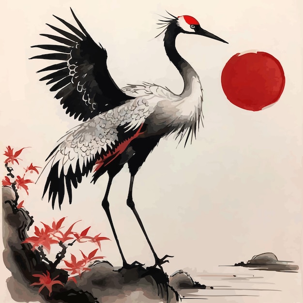 Majestic Crane against Rising Sun Japanese Ink Painting | Jiffy Designs
