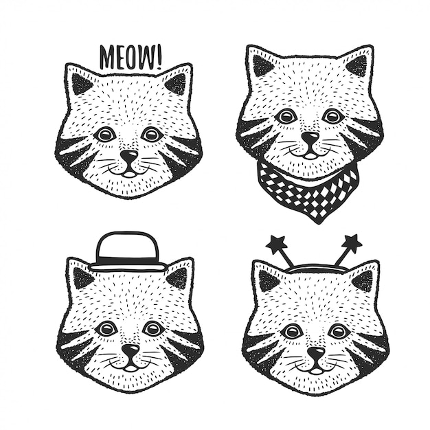 Playful Feline Portraits: Whimsical Cat Faces in Monochrome | Jiffy Designs