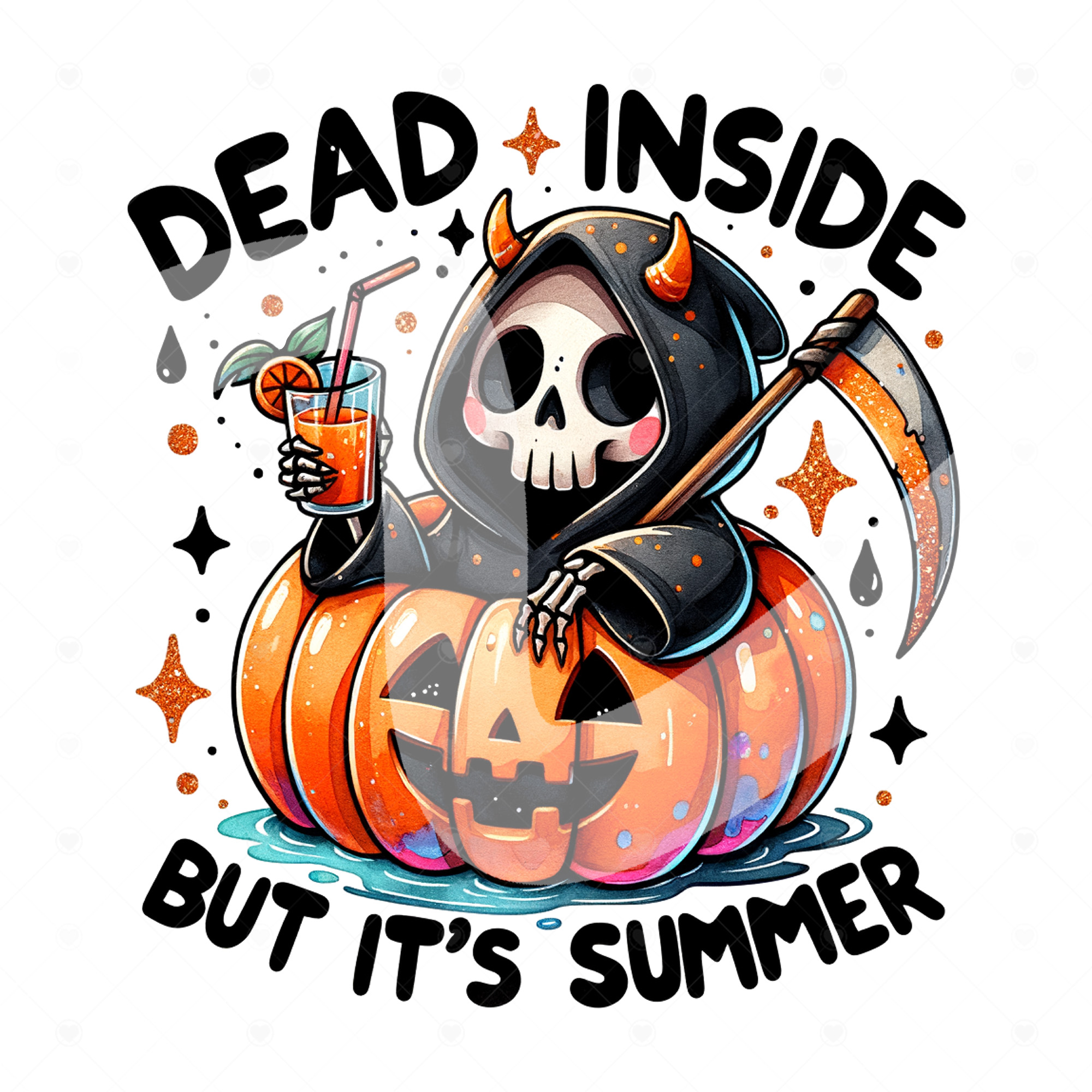 'Dead Inside But It's Summer' Grim Reaper Relaxing on Halloween Pumpkin ...