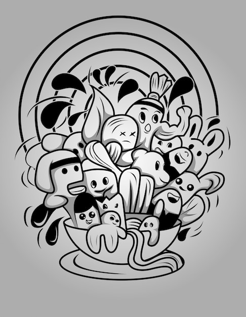 Whimsical Monochrome Doodle Creatures in Playful Oval Frame | Jiffy Designs