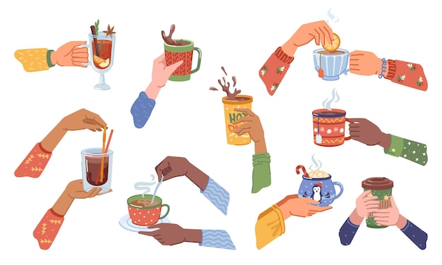 Vibrant Collection of Cozy Beverage Moments and Hands Holding Cups ...