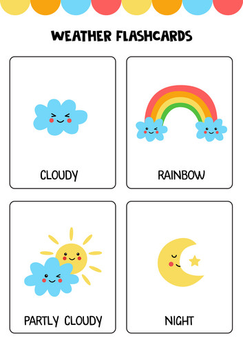 Flashcards For Kids With Cute Weather Elements. Educational Cards ...