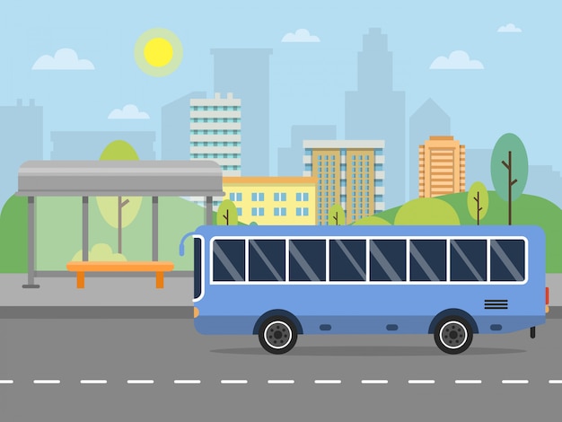 Vibrant City Skyline and Commuter Bus on the Road | Jiffy Designs