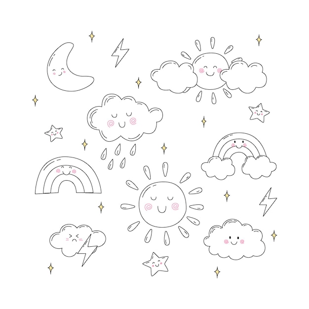 Whimsical Celestial Doodles: Smiling Sun, Moon, Clouds, and Rainbows ...