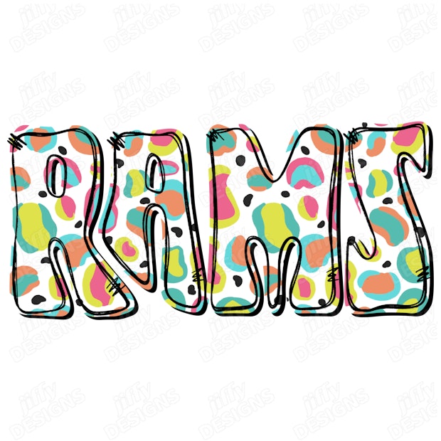 'Rams' Vibrant Bubble Letters with Colorful Abstract Shapes | Jiffy Designs