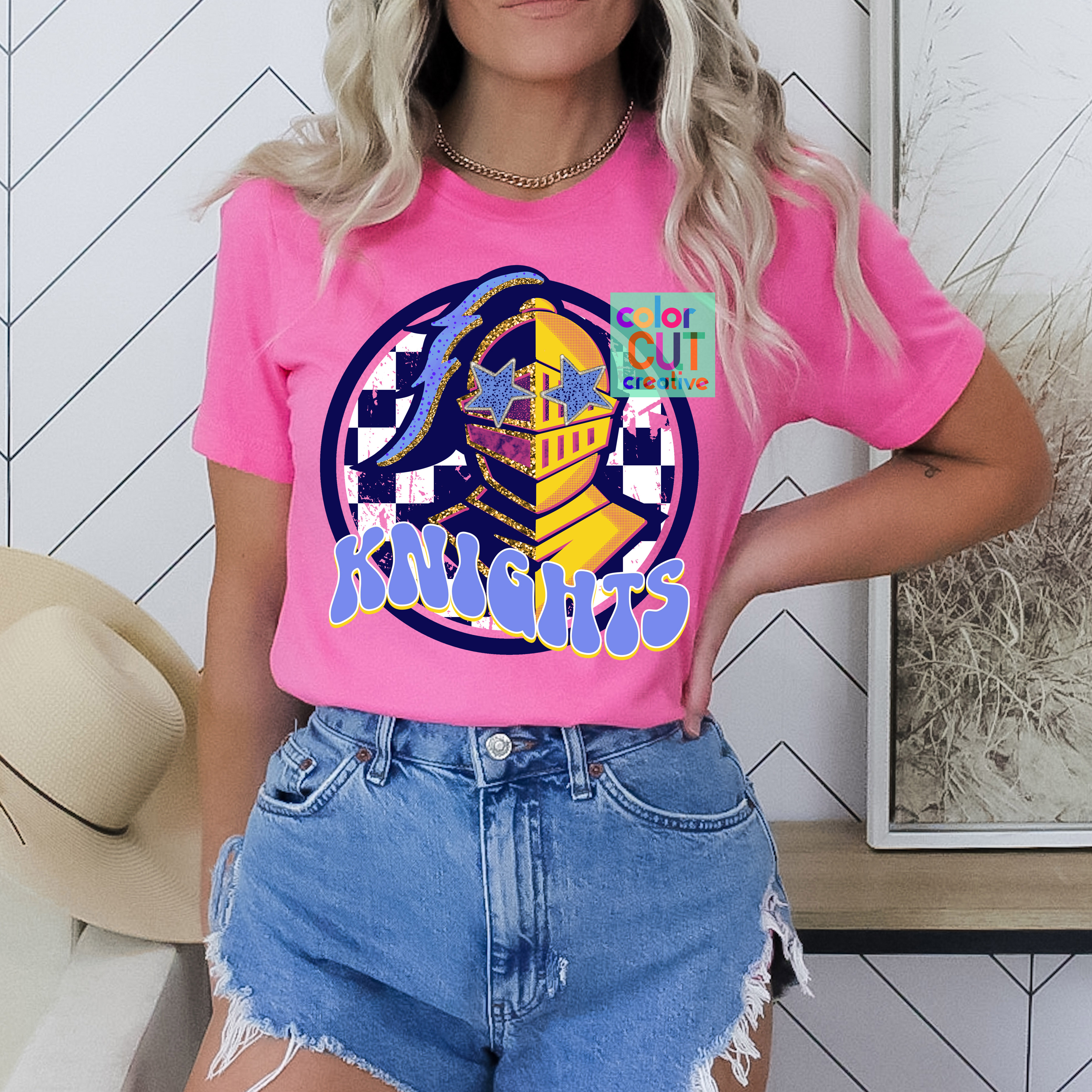 'Knights' Medieval Helmet Emblem with Swirling Stars and Checkered ...