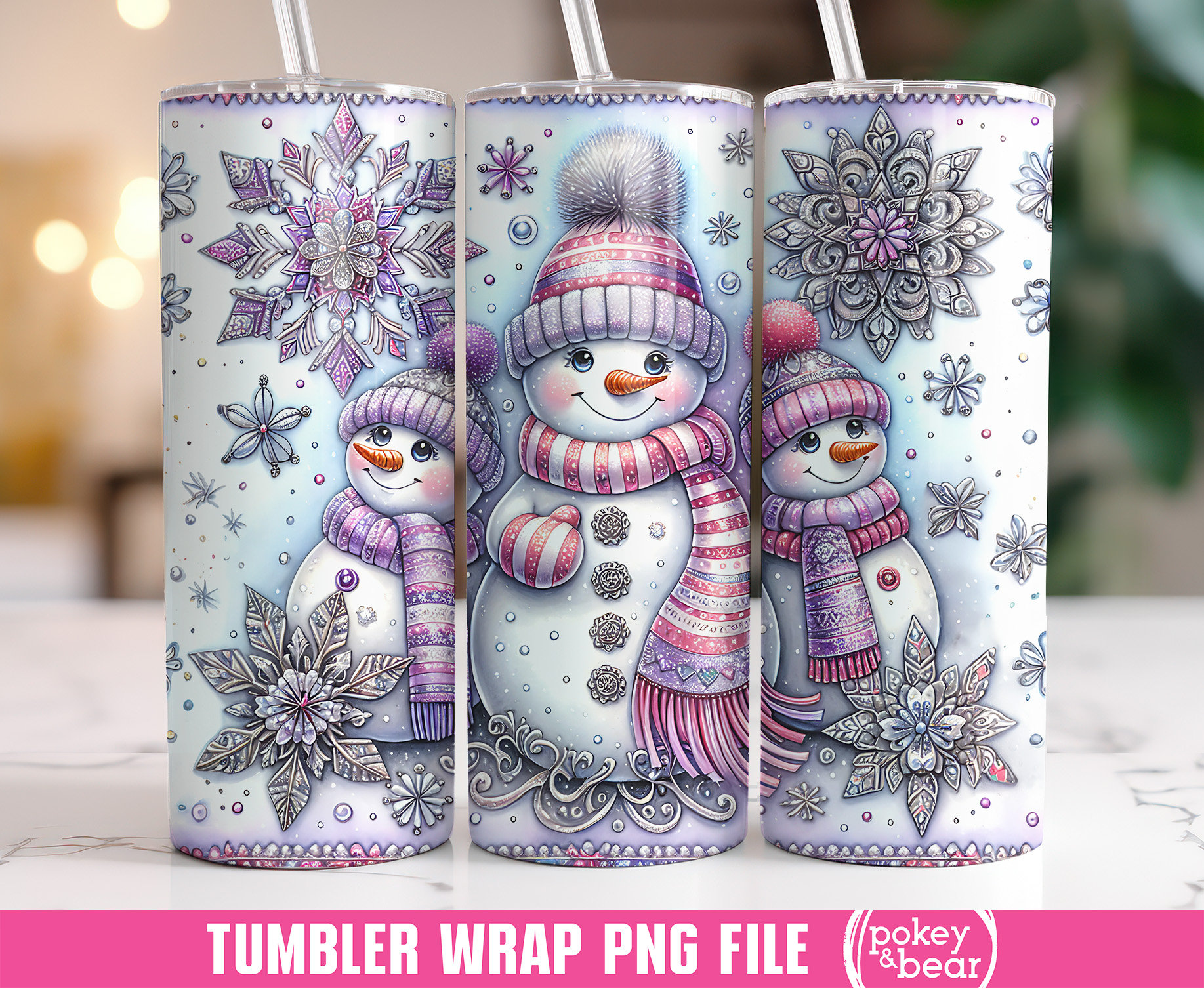 Snowman Trio Amidst Intricate Snowflakes in Lavender and Pink Hues ...
