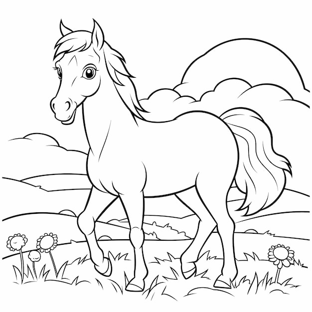 Smiling Horse with Flowers and Rolling Hills Line Art | Jiffy Designs