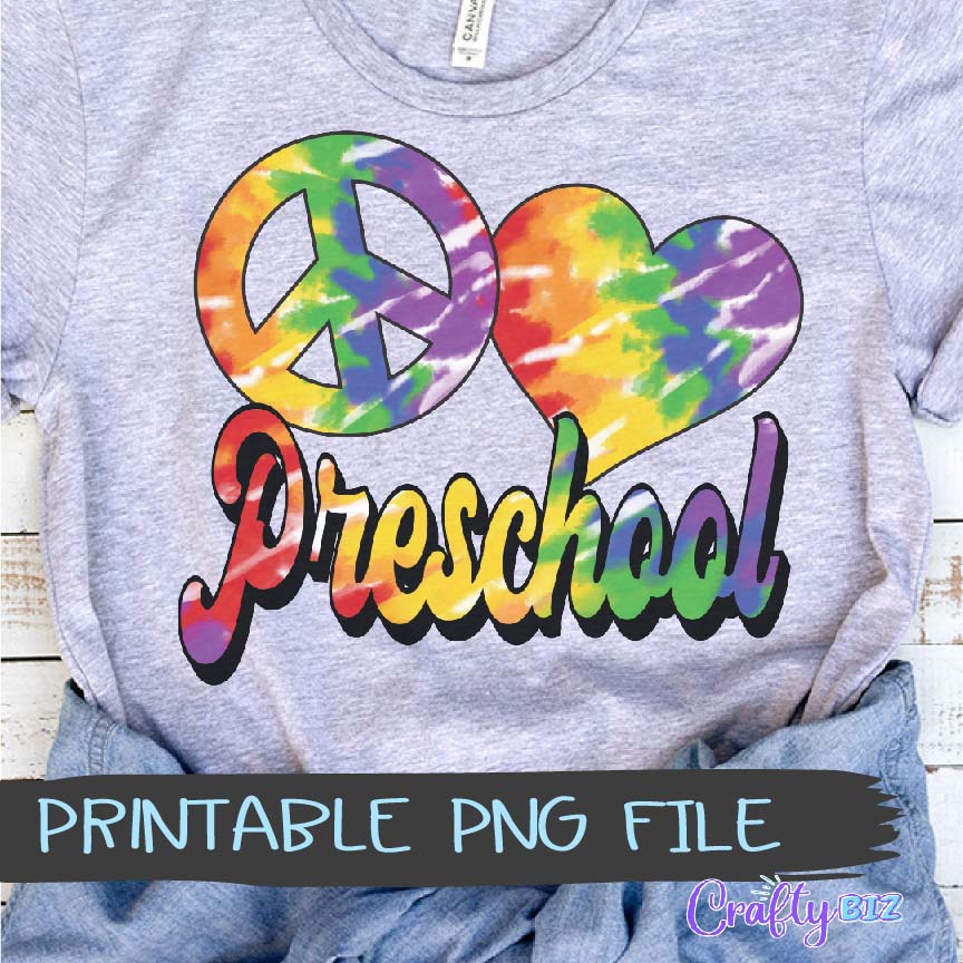'Preschool' Vibrant Tie-Dye Peace Sign and Heart with Groovy Lettering ...
