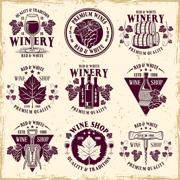 Vintage Wine and Winery Emblem Collection with Grape Motifs | Jiffy Designs