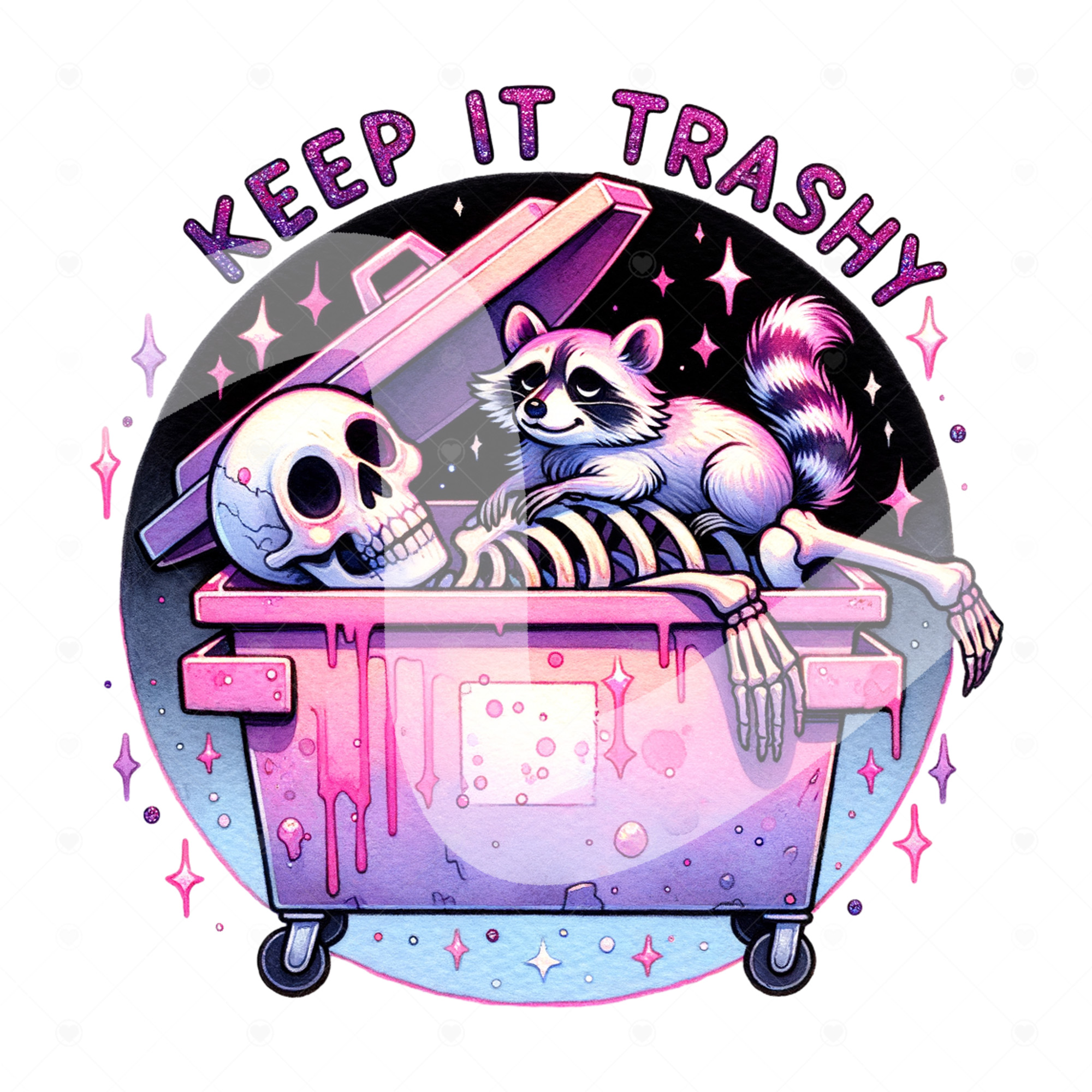 'Keep It Trashy' Whimsical Raccoon and Skull in Neon-Lit Dumpster ...